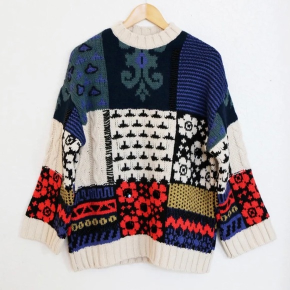 Zara | Sweaters | New Zara Patchwork Wool Blend Beaded Applique ...